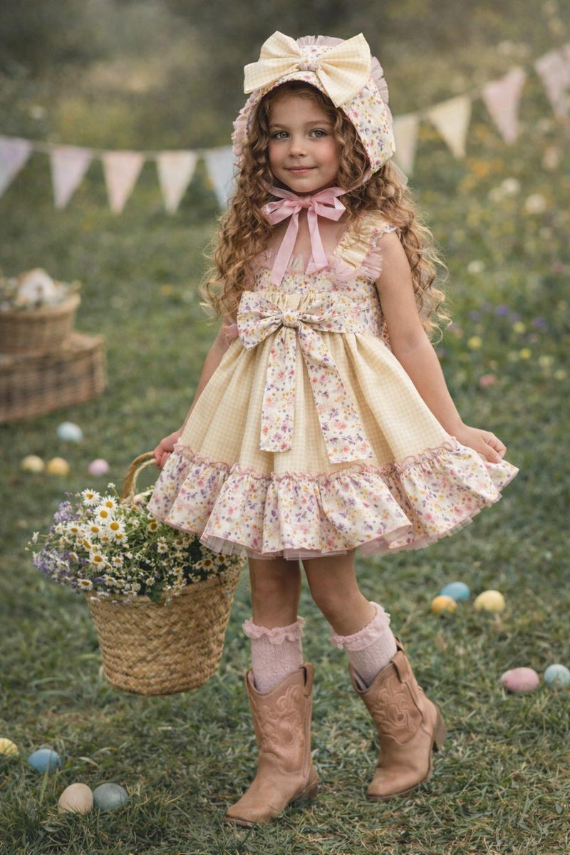 Ela Confeccion SS26 Girls Lemon Floral Puffball Apron Dress - MADE TO ...